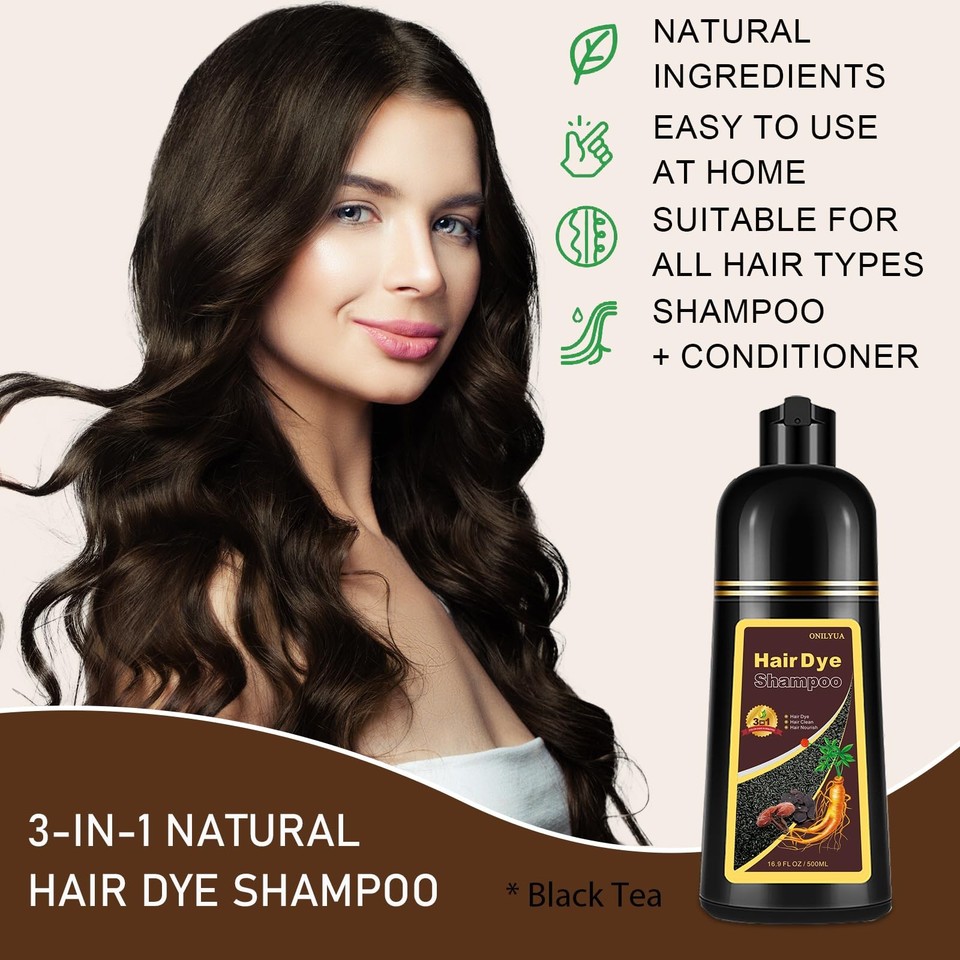 Natural Black Tea Hair Dye Shampoo 3-in-1 100% Gray Hair Coverage in ...