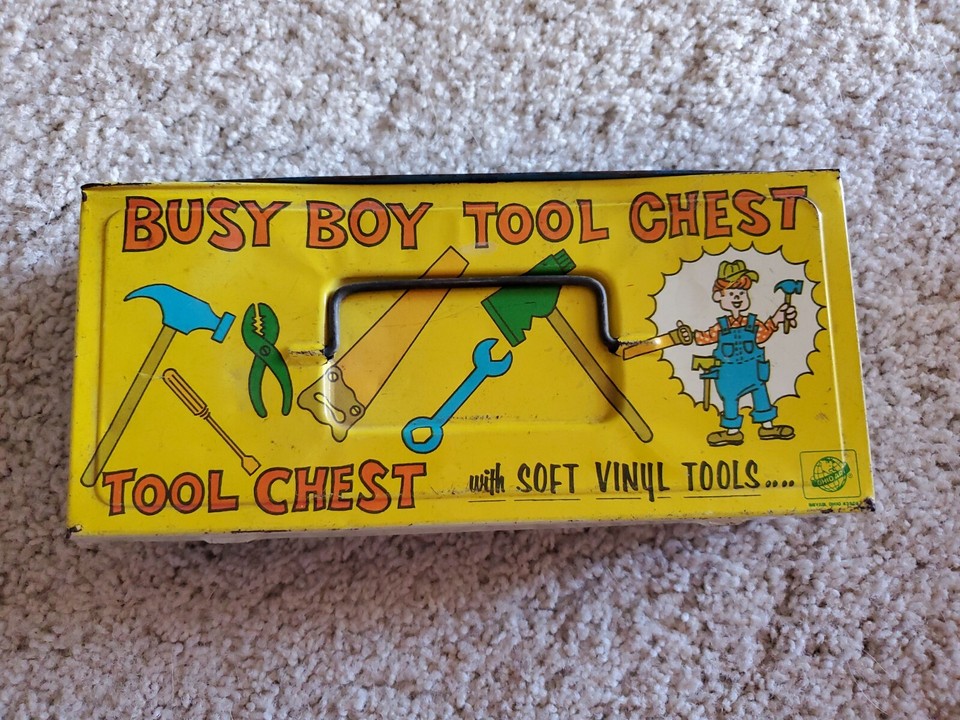 OHIO ART BUSY BOY Tool Chest Metal Toy Tool Box 4 Tools Inside #660A174 ...