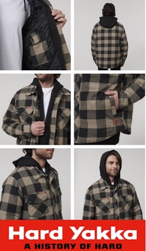 HARD YAKKA - QUILTED FLEECE LINED SHERPA WORK SHACKET JACKET + 3PC HOOD ...
