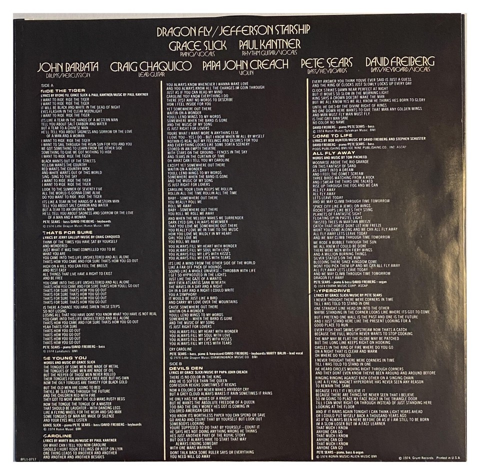 Jefferson Starship Dragon Fly Grunt BFL1-0717 1974 Rock & Roll VG+ | eBay