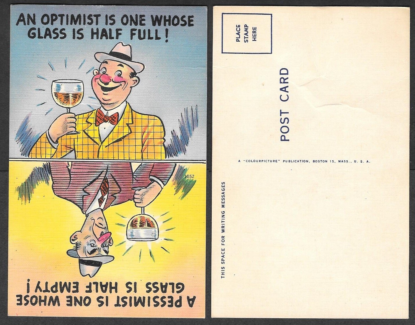 Old Alcohol Humor Postcard - Optimist & Pessimist, Glass Half Full | eBay