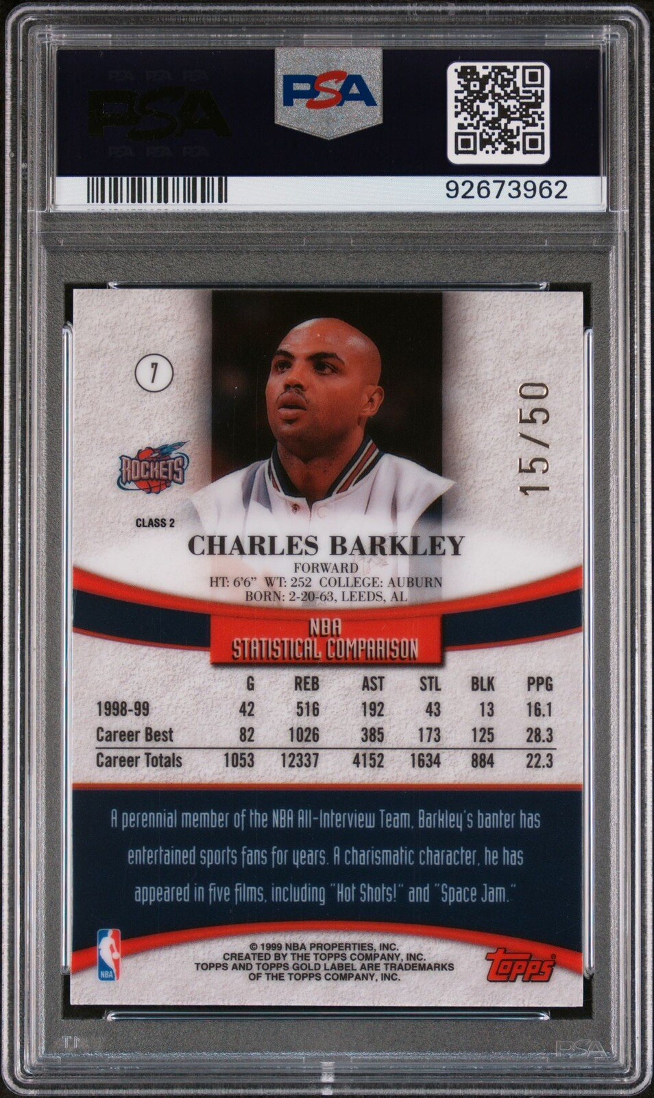 1999 Topps Gold Label Charles Barkley Class 2 Red Label #7 15/50 PSA 9 ...