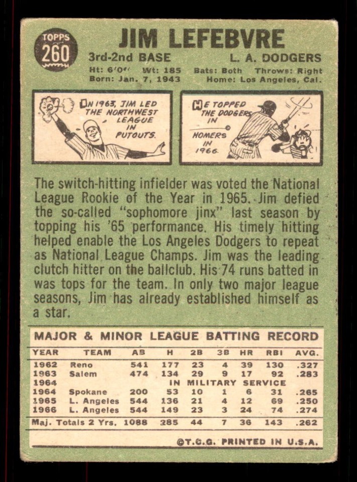 1967 Topps Baseball #260 Jim Lefebvre VG *e3 | eBay