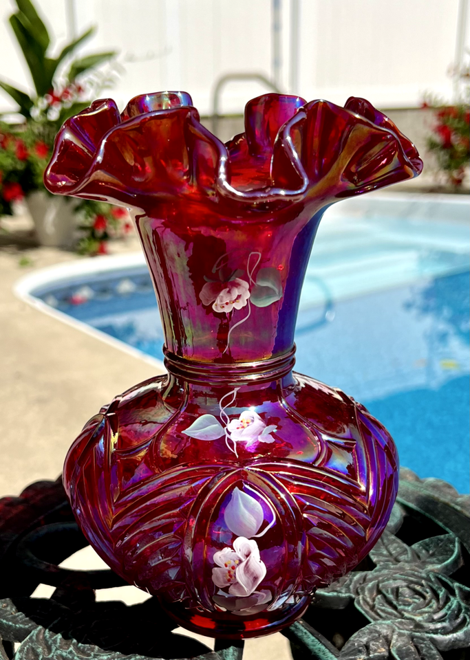 1996 ONLY..VHTF Fenton***RUBY RED CARNIVAL DAMASK ROSES VASE** | eBay