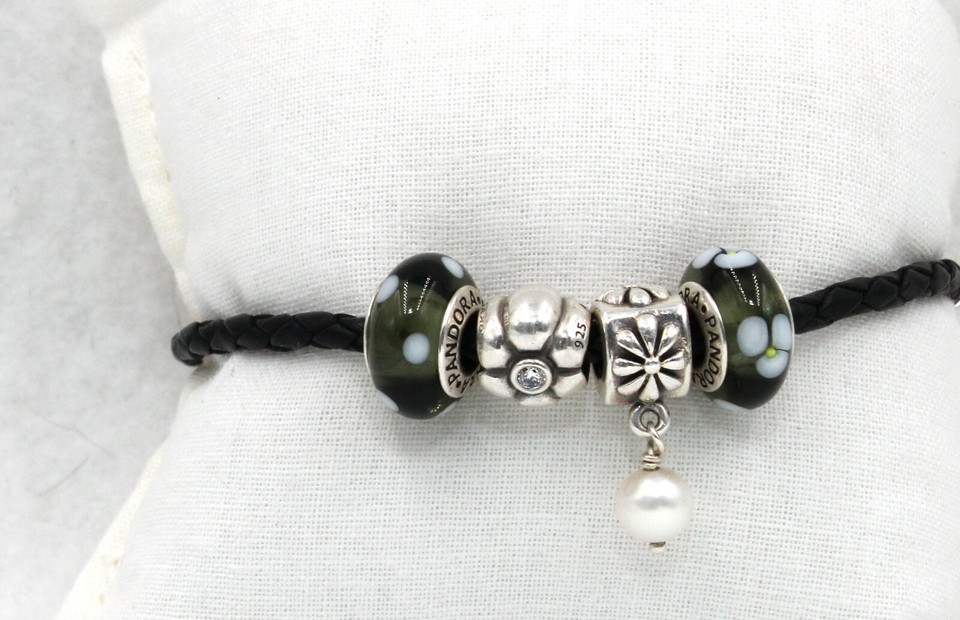 Pandora Charm Bracelet Black Leather Cord Murano Glass Pearl & Sterling ...