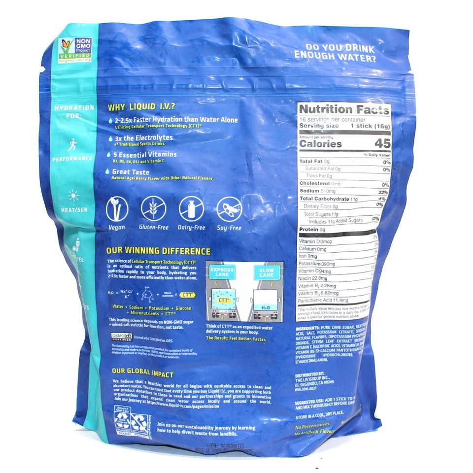 Liquid IV Hydration Multiplier Acai Berry 16 Packets Electrolyte Mix ...