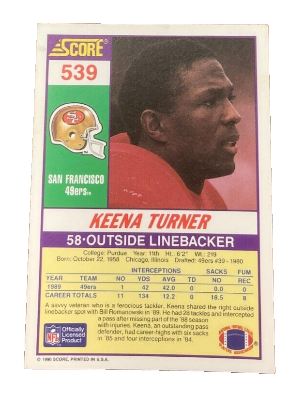 1990 SCORE CARD # 539 Keena Turner - San Francisco 49ers | eBay