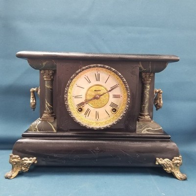 Vtg E Ingraham USA Black Wood Mantel Clock Chimes Brass Drops Ornate ...