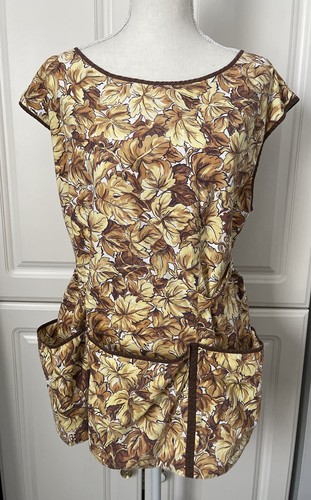 Vintage Handmade Kitchen Smock Apron 3 Pockets Brown Gold Fall Leaves ...