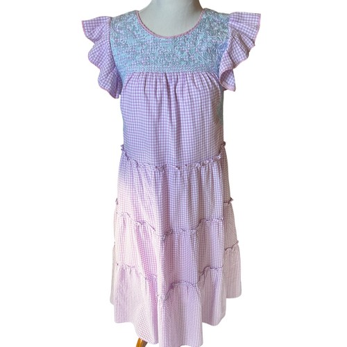 J. Marie Gingham Tiered Maxi Dress XS Purple Blue Embroidered Ruffle ...