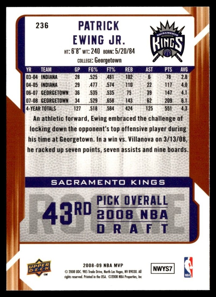 2008-09 Upper Deck MVP Rookie Patrick Ewing Jr Rookie #236 | eBay UK