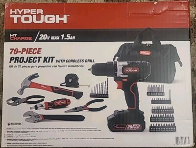 HYPER TOUGHT 70-PIECE PROJECT KIT WITH 20v MAX 1.5AH CORDLESS DRILL | eBay