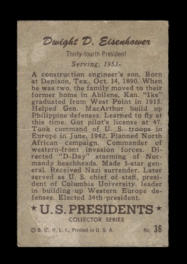 1952 Bowman US Presidents Set-Break # 36 Dwight D Eisenhower LOW GRADE ...