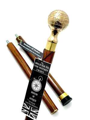 Globe Handle Solid Brass Designer Hard Wood Foldable Walking Stick ...