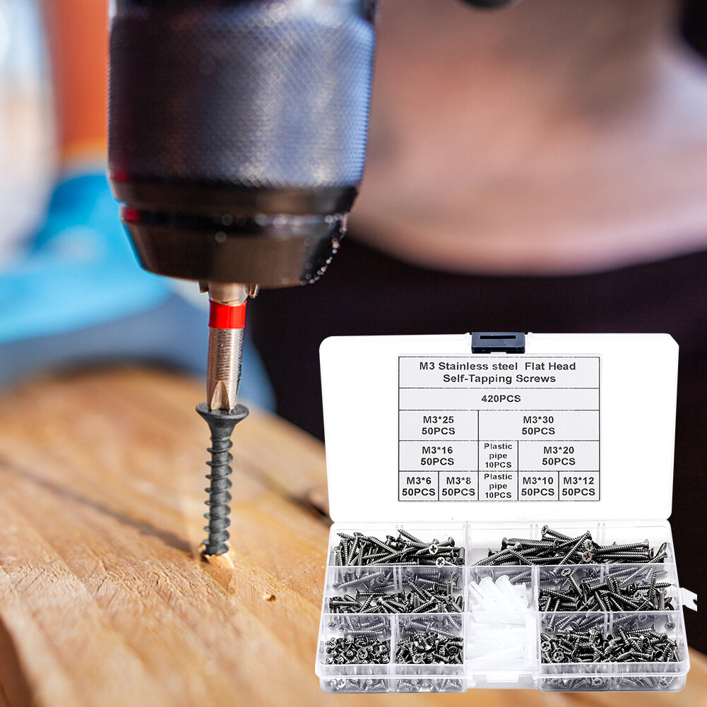 420pcs DIY Screw Assortment Kit Self Tapping Flat Head Home Stainless ...