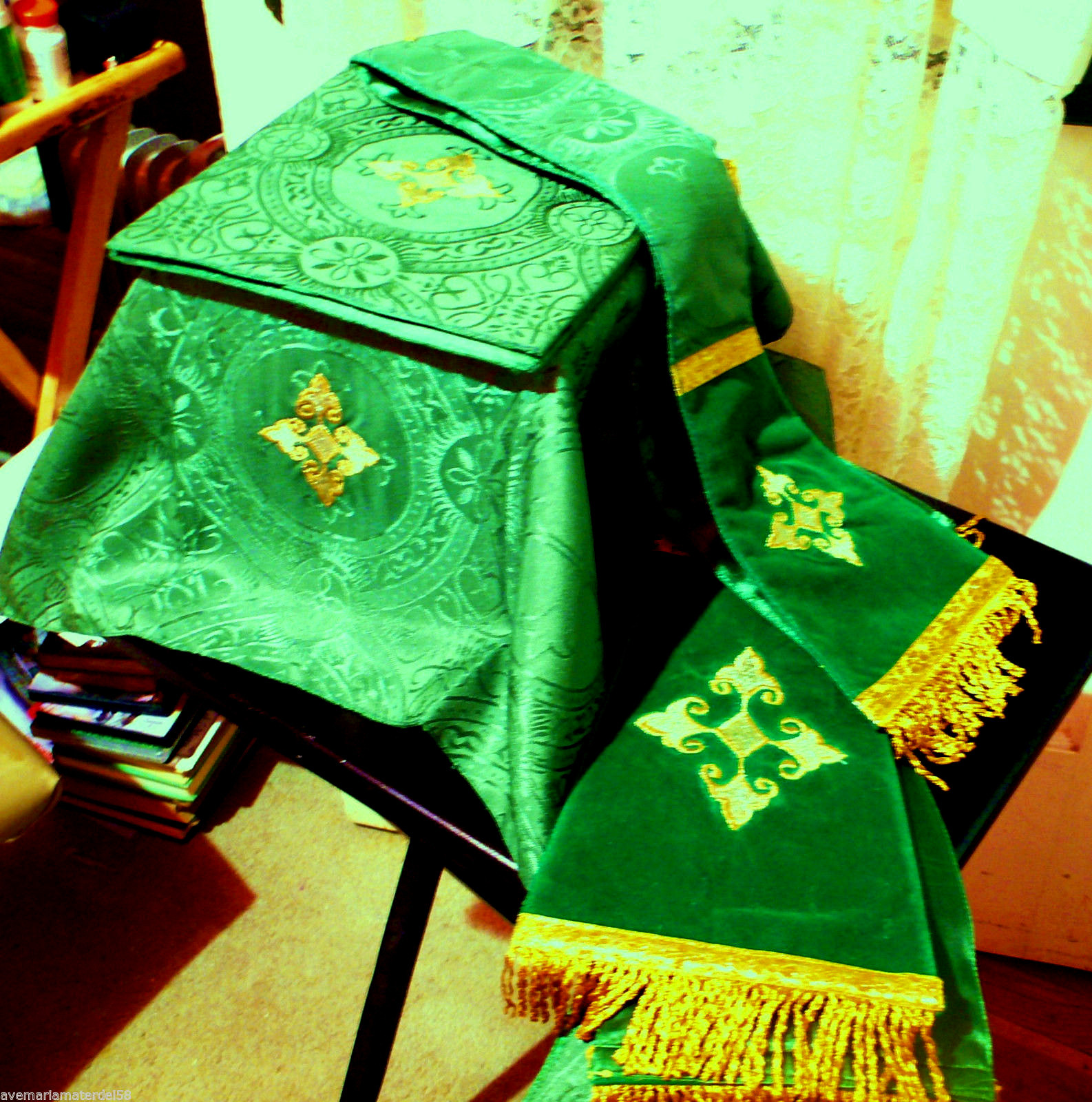Green Chasuble Fiddleback Latin Mass Set Gold Embroider+Veil,Maniple ...