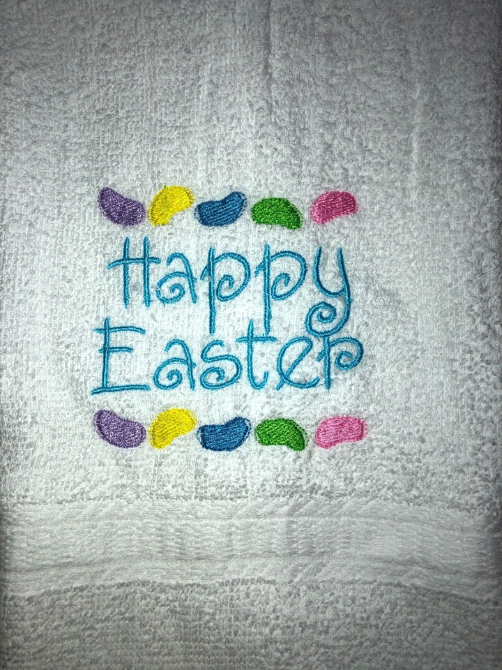 Embroidered White Cotton Bathroom Hand Towel Happy Easter Jelly Beans ...