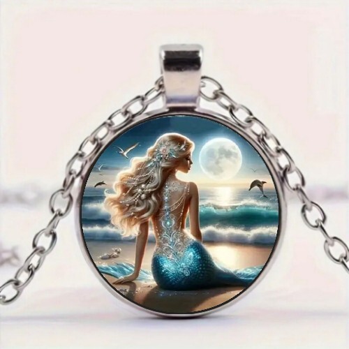 Vintage Style Mermaid Beach Scene Round Glass Pendant Necklace | eBay