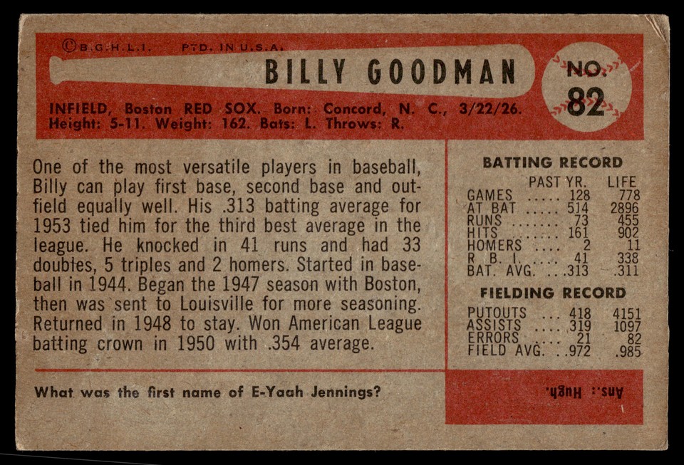 1954 Bowman 82b Billy Goodman Boston Red Sox Baseball | eBay