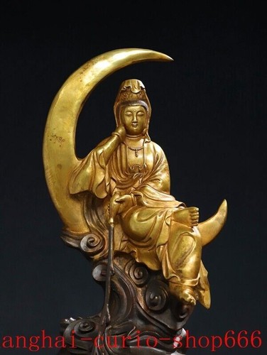 14"China Buddhism temple Bronze gilt Moon kwan-yin GuanYin Goddess ...