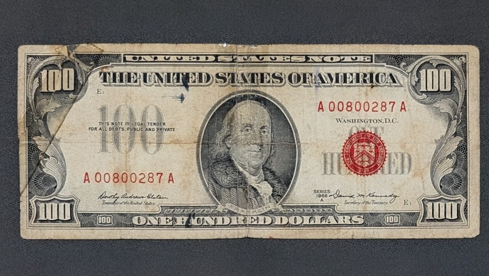 1966 $100 Red Seal U.S. Note Series A Circulated Bill Franklin ...