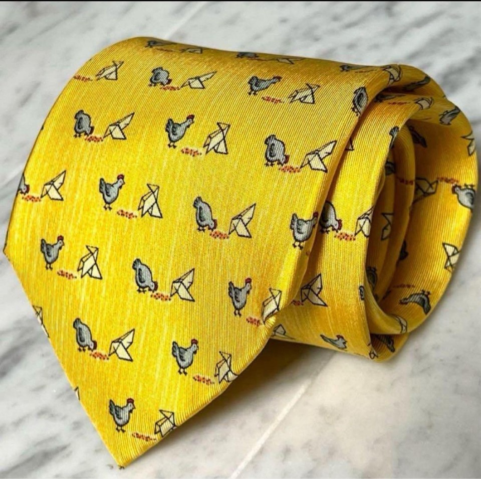 HERMES tie yellow origami pattern chicken pattern made in France all ...