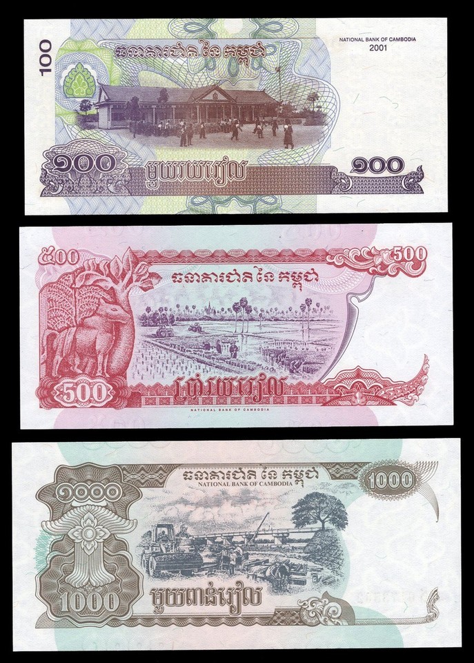 CAMBODIA 1998 1999 2001 Paper money Banknotes 100 500 1000 Riels KHR ...