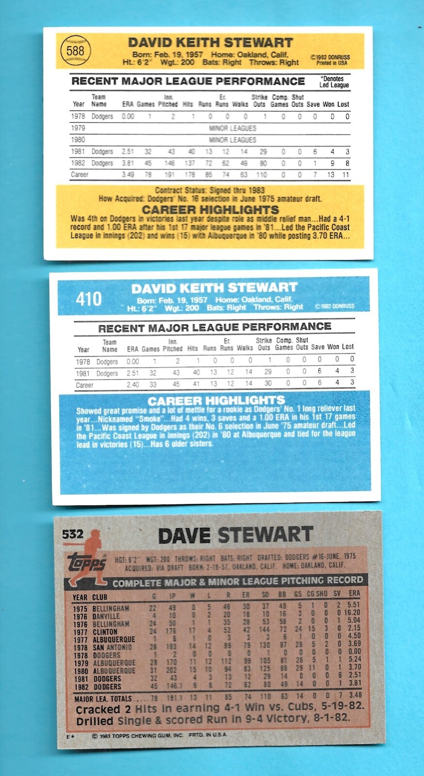 3 CARD DAVE STEWART RC LOT! LOS ANGELES DODGERS 82/83/84 Topps/Donruss ...