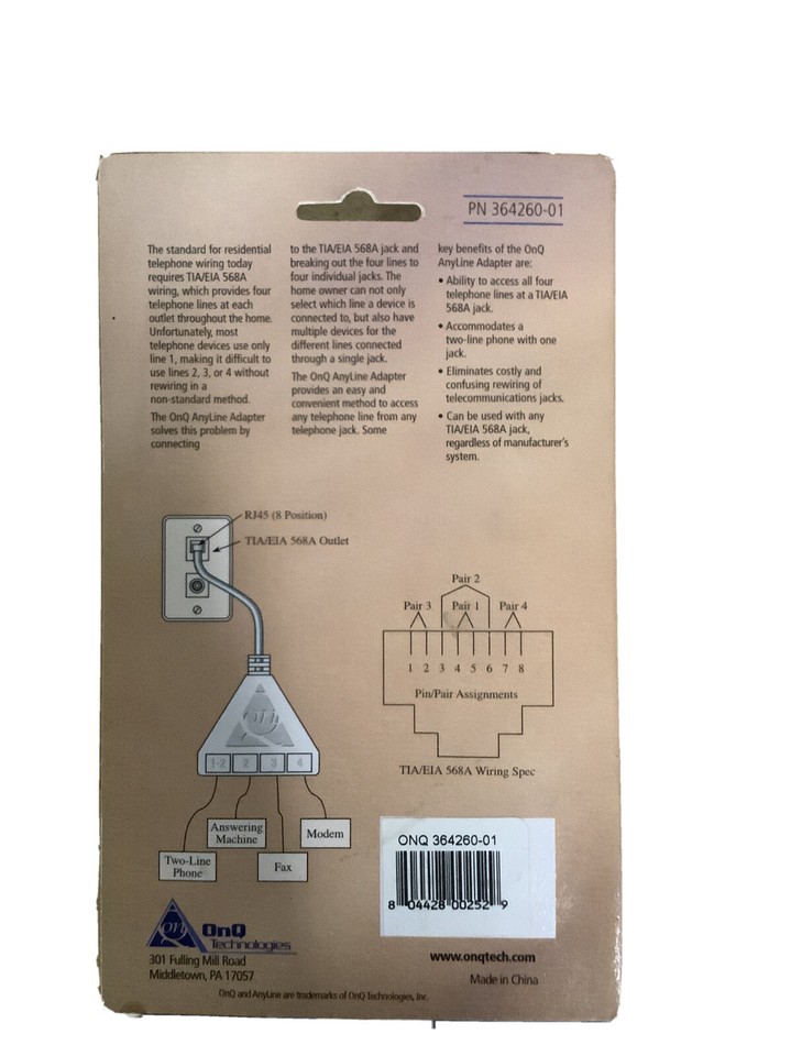 On.Q AnyLine Adapter 364260-01 Phone line and Fax Splitter **BRAND NEW ...