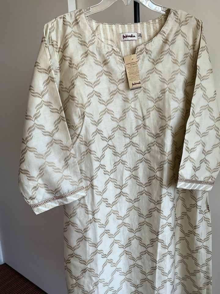 NWT Fabindia Kurta Dress Women's Silk Blend Lined Ivory & gold Wedding ...