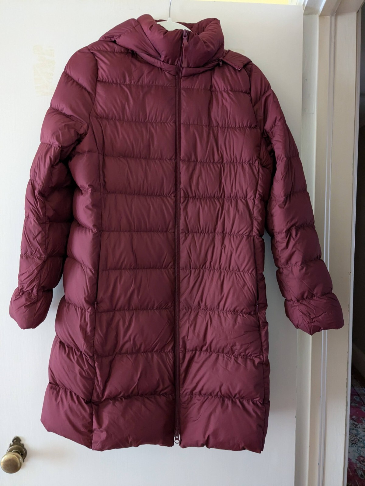 Women UniQlo Packable Long Puffer Coat Down Jacket Red Burgundy Hood ...