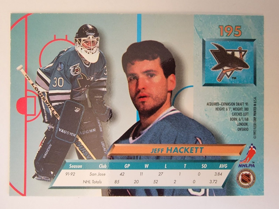 1992-93 Fleer Ultra San Jose Sharks Hockey Card #195 Jeff Hackett | eBay