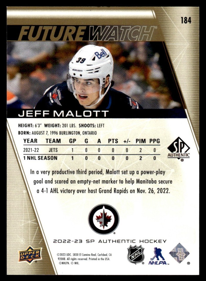 2022-23 SP Authentic Future Watch Gold Jeff Malott Rookie 32/99 ...