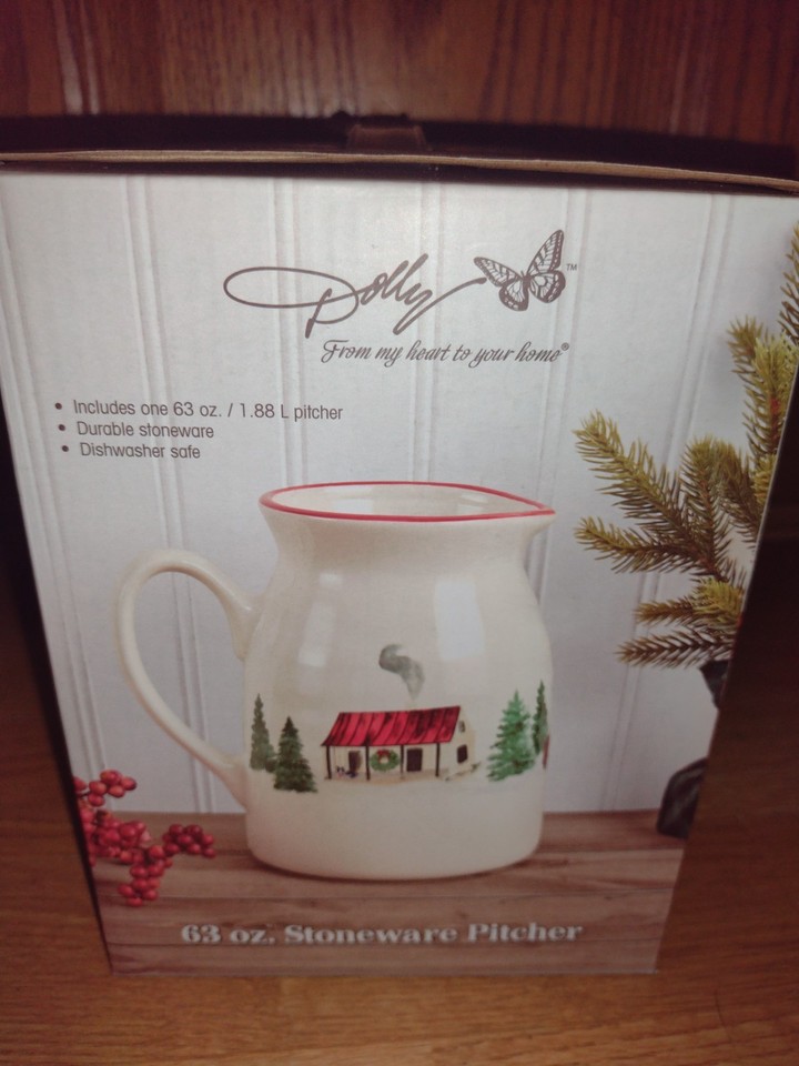 Dolly Parton Christmas Stoneware Pitcher 63 oz Childhood Cabin, Chapel ...
