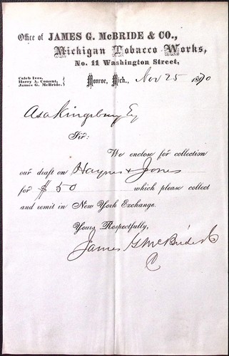 1870 James C McBride Michigan Tobacco Works Monroe MI Billhead 5.25 x 8 ...