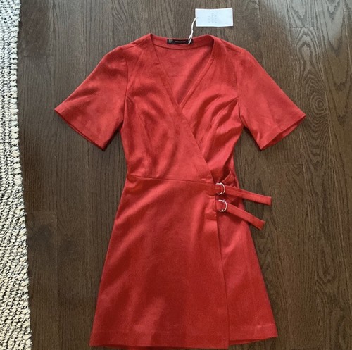 Zara Dress Women XS Red Wrap Faux Suede V Neck Mini Casual | eBay