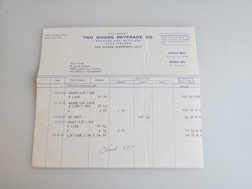 Vintage Two Rivers Beverage Co. Receipt Liebrau Beer/Bobbie Ale Good ...
