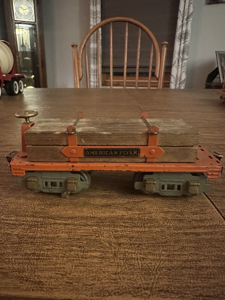 Vtg American Flyer Prewar O Gauge Orange Flat Train Car w/ Lumber Wood ...