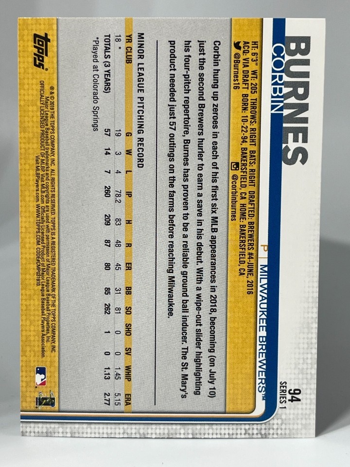 2019 Topps Series 1 CORBIN BURNES Milwaukee Brewers rc #94 Rookie QTY ...