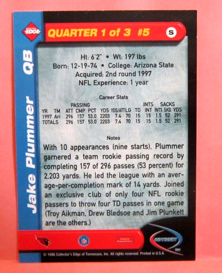 Jake Plummer 1998 Collector's Edge Odyssey Autograph Card!Cardinals QB ...