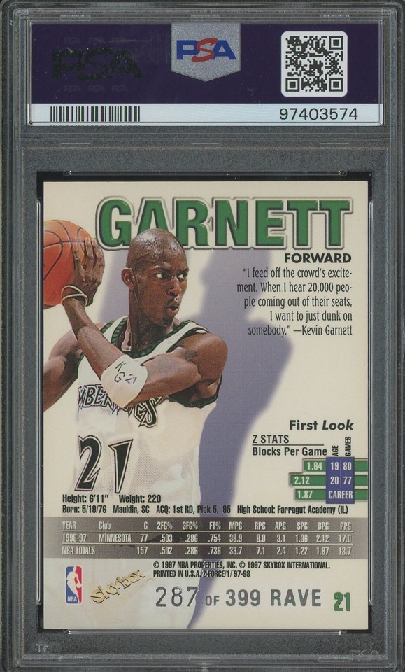 1997-98 Skybox Z-Force Rave #21 Kevin Garnett Minnesota Timberwolves ...