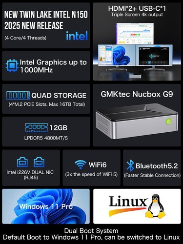 GMKtec Mini PC NAS, G9 Intel N150 Dual Boot Windows 11 Pro Linux ...