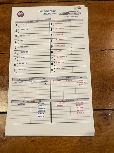 MLB AUTHENTICATED 6/2/2009 UNUSED CHICAGO CUBS BRAVES LINEUP LINE UP ...
