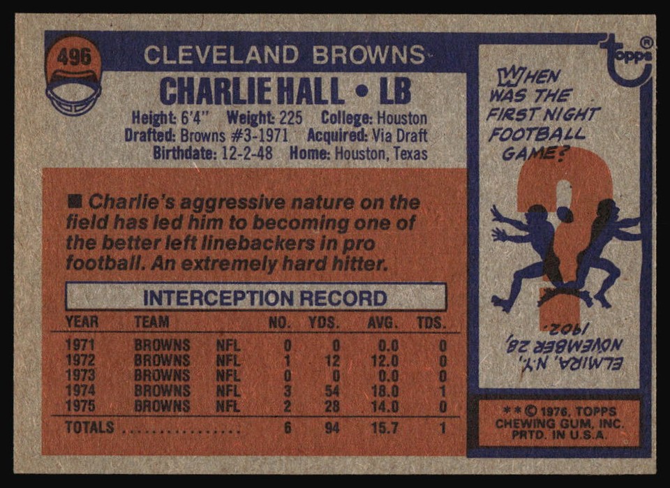 1976 Topps Charlie Hall #496 Cleveland Browns | eBay