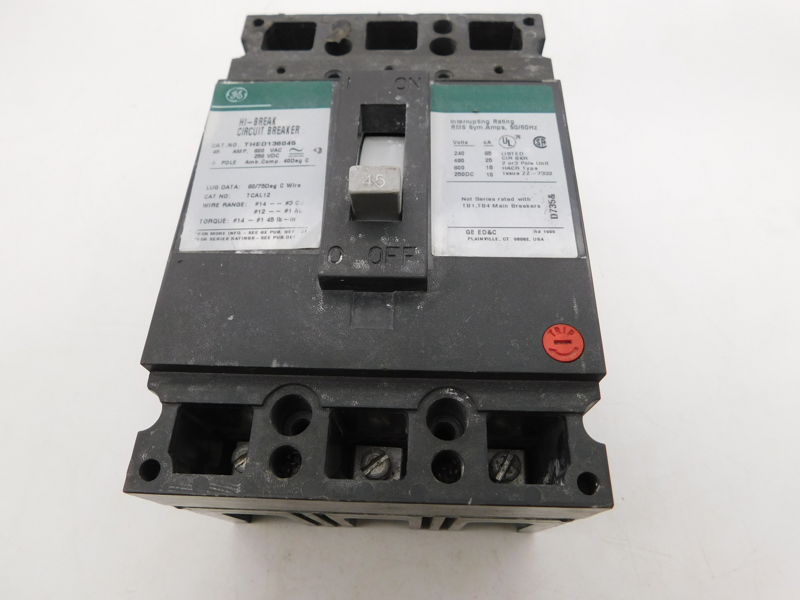 THED136045 - GE 45A AMP 3P POLE 600V 25kA@480V BOLT ON CIRCUIT BREAKER ...