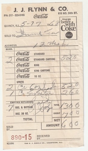 1968 RECEIPT INVOICE - J.J. FLYNN - QUINCY ILLINOIS - COCA COLA ...