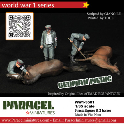 PARACEL MINIATURES WWI SERIES WW1-3501 GERMAN MEDIC (3 FIGURES & 2 ...