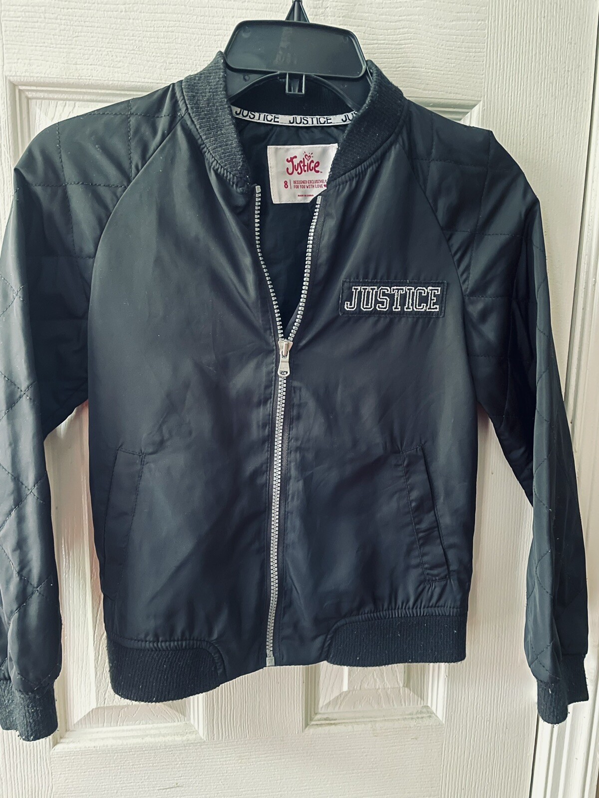 JUSTICE GIRLS BLACK BOMBER JACKET SIZE 8 with LOGO Full Zip Used No ...