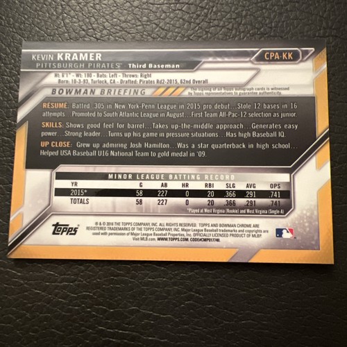 Kevin Kramer Autograph Rookie 2016 Bowman Chrome Prospect Autographs # ...