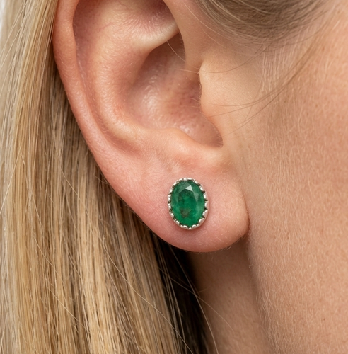 925 Silver Plated Cut Simulated Emerald Oval Shape Stud Earring-4x6 MM ...